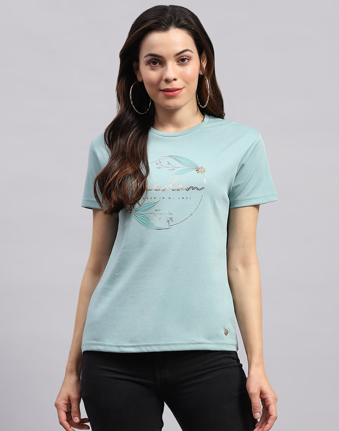 Buy Women Sea Green Printed Round Neck Half Sleeve Top Online in India ...