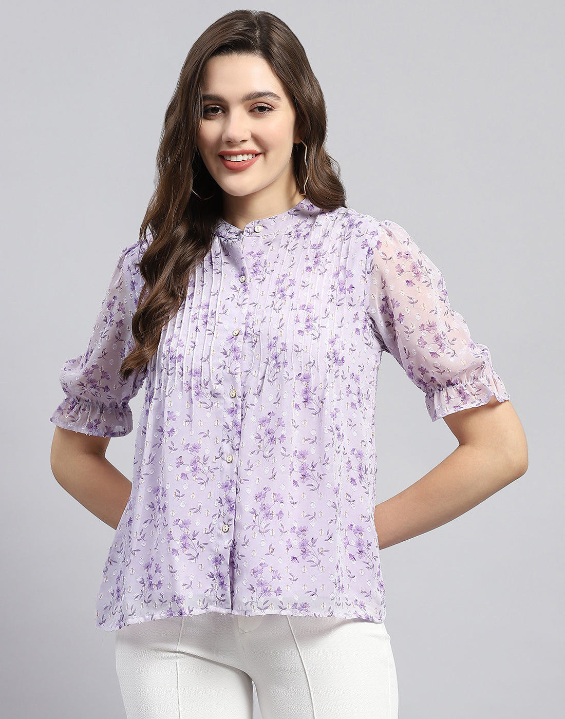 Buy Women Purple Printed Mandarin Neck Half Sleeve Top Online in India ...