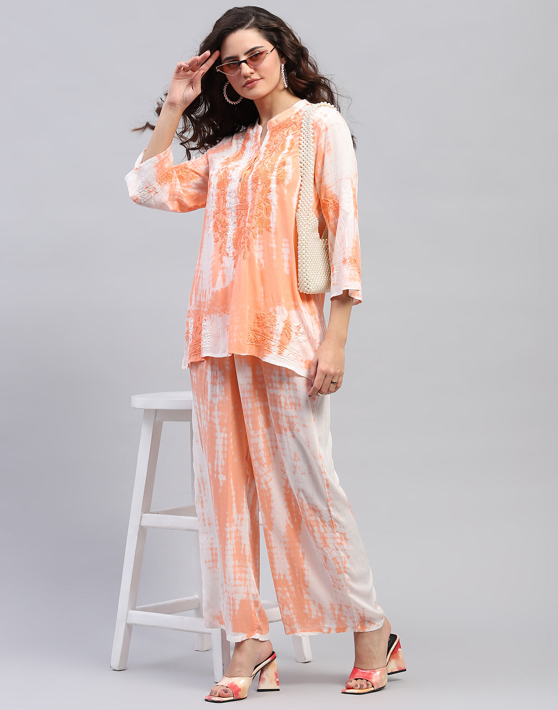 Buy Women Peach Embroidered Mandarin collar 3/4 Sleeve Cords Set Online ...