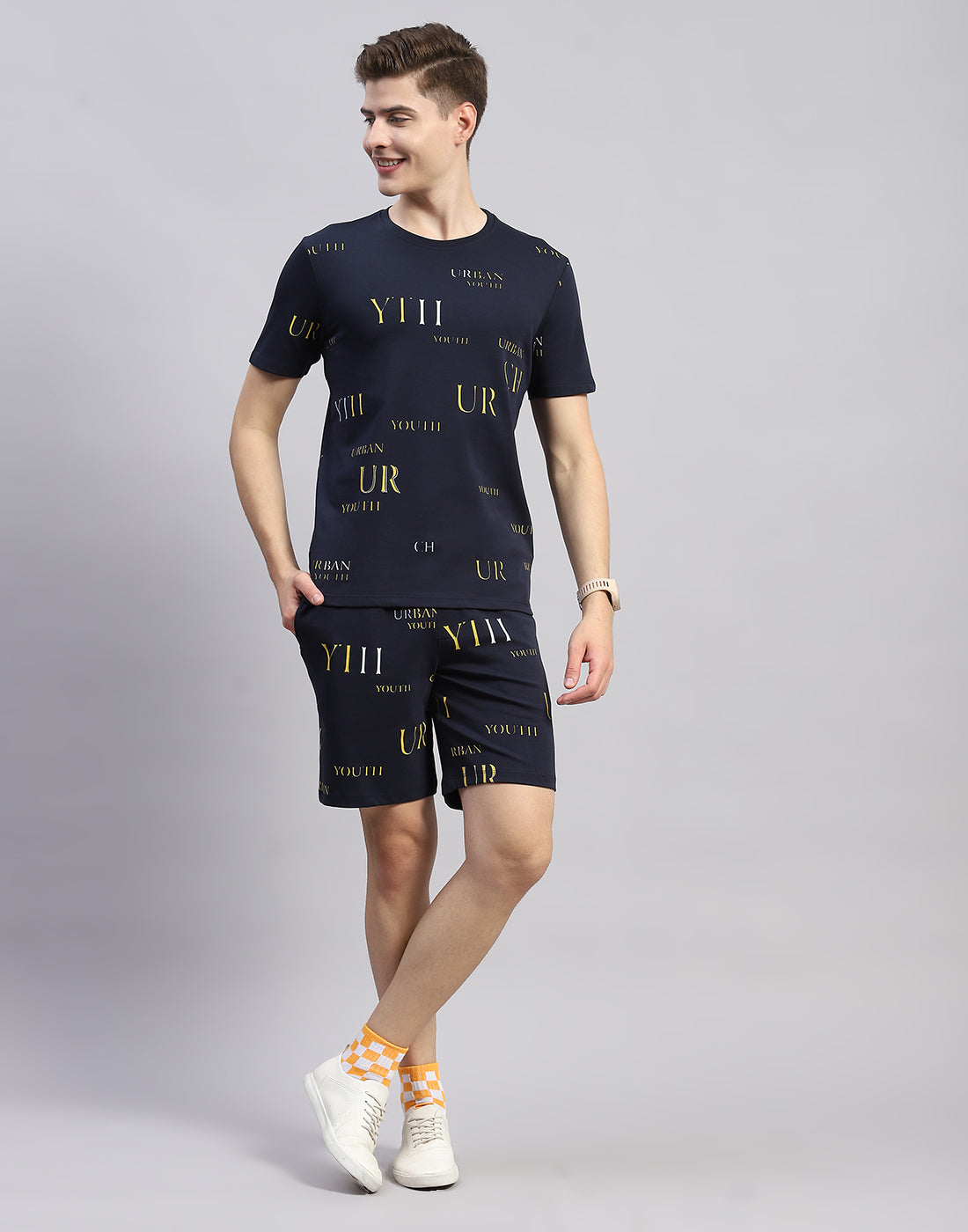 Buy Men Navy Blue Printed Round Neck Half Sleeve Bermuda Set Online in ...