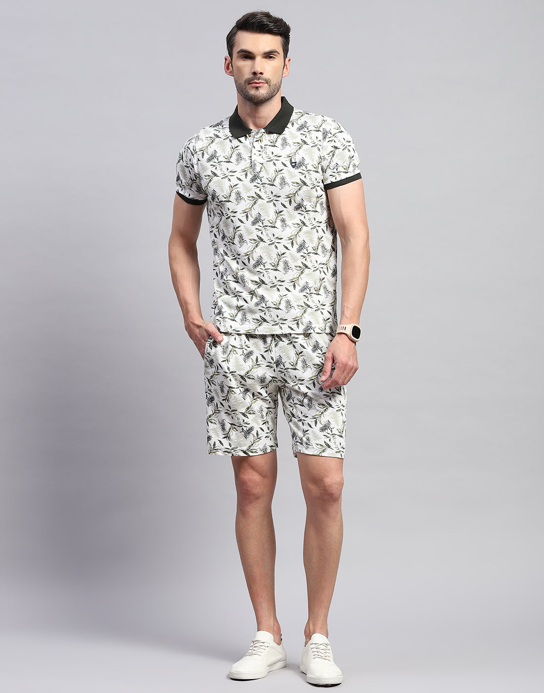 Buy Men Off White Floral Print Polo Collar Half Sleeve Bermuda Set ...