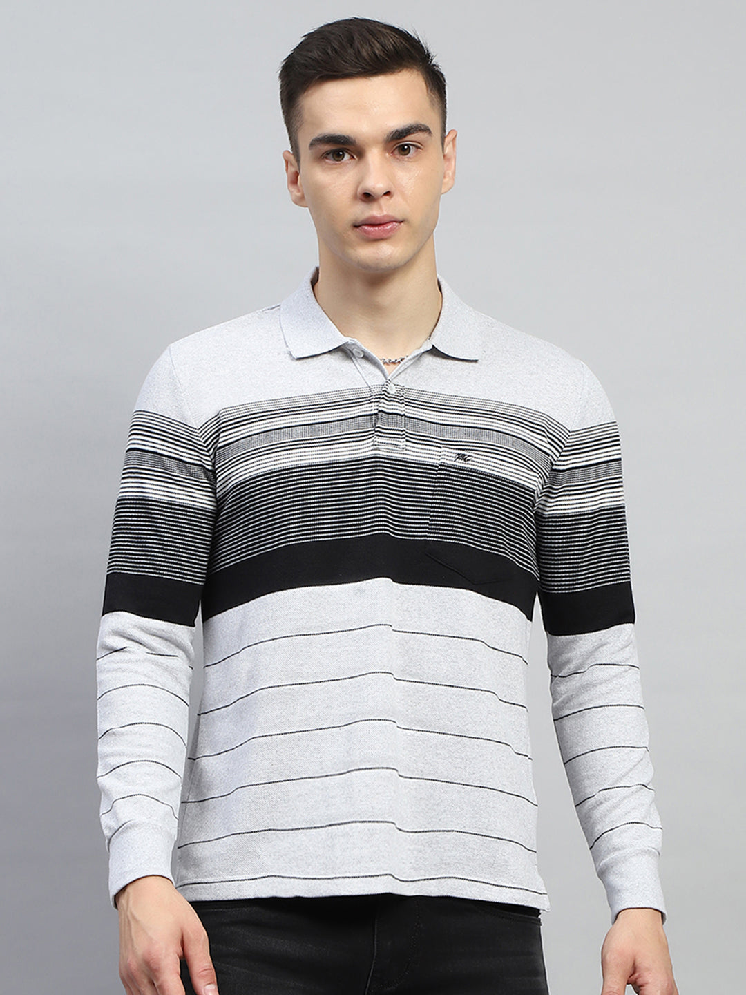 Buy Men Grey Stripe Collar Full Sleeve Winter T-Shirt Online in India ...