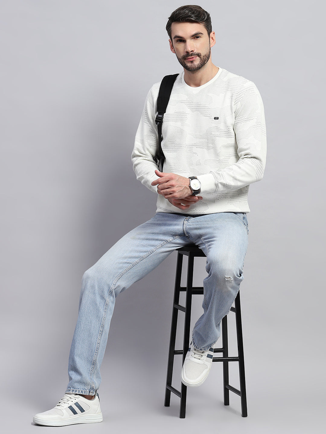 Buy Men White Self Design Round Neck Full Sleeve T-Shirt Online in ...
