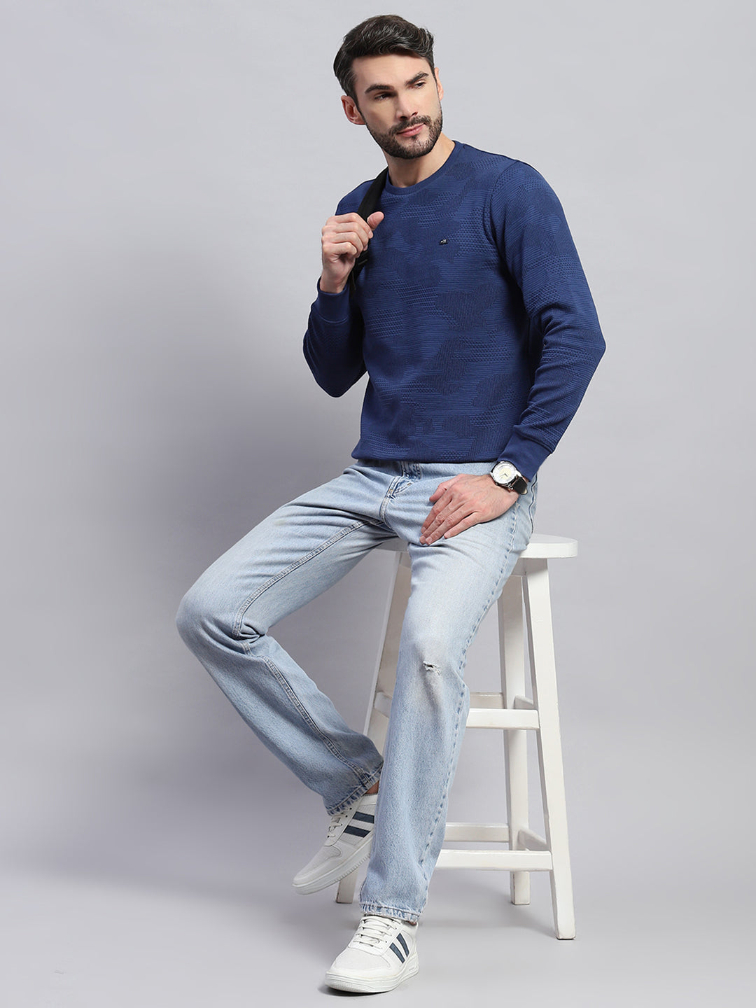 Buy Men Blue Self Design Round Neck Full Sleeve T-Shirt Online in India ...