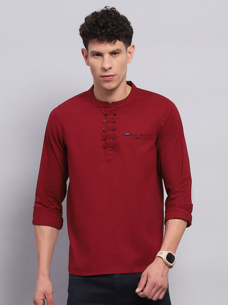 Buy Men Maroon Solid Band Collar Full Sleeve Kurta Online in India ...