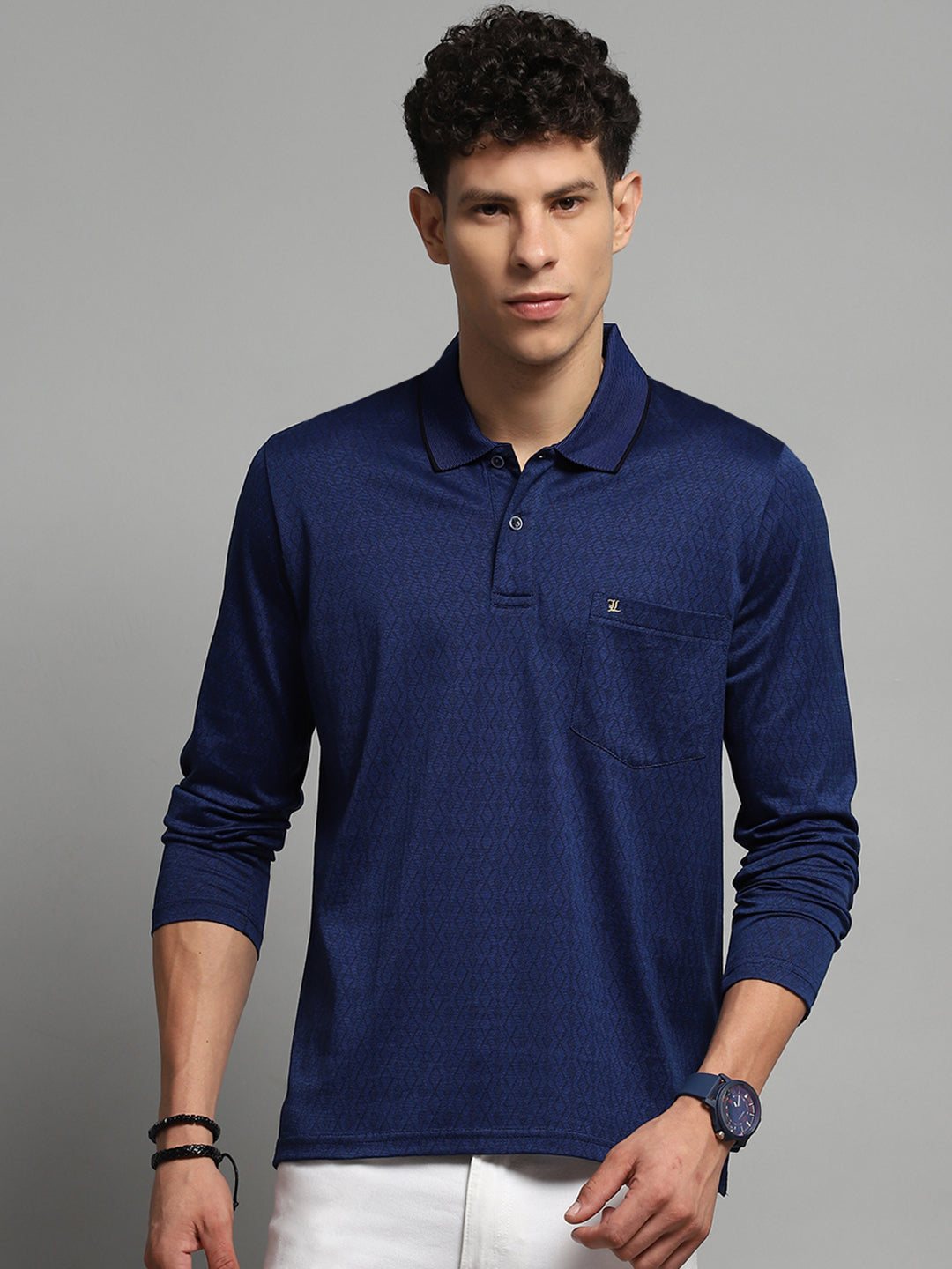 Buy Men Blue Self Design Collar Full Sleeve Winter T-Shirt Online in ...