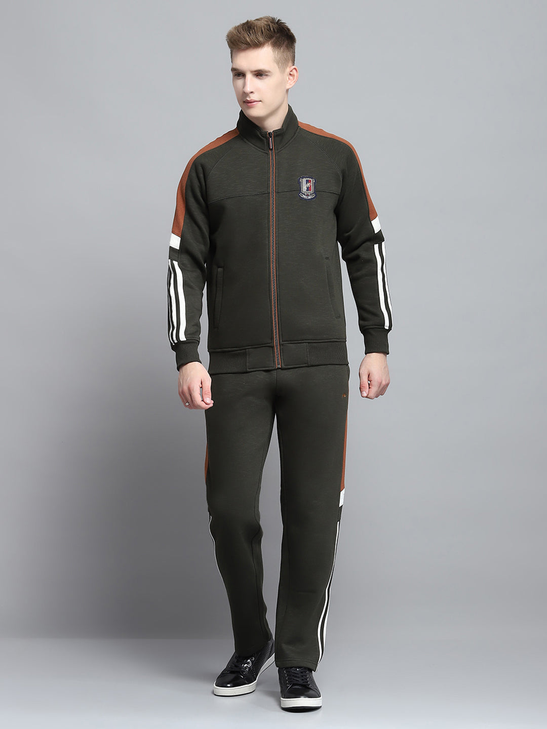 Buy Men Olive Self Design Mock Neck Full Sleeve Winter Tracksuit Online ...