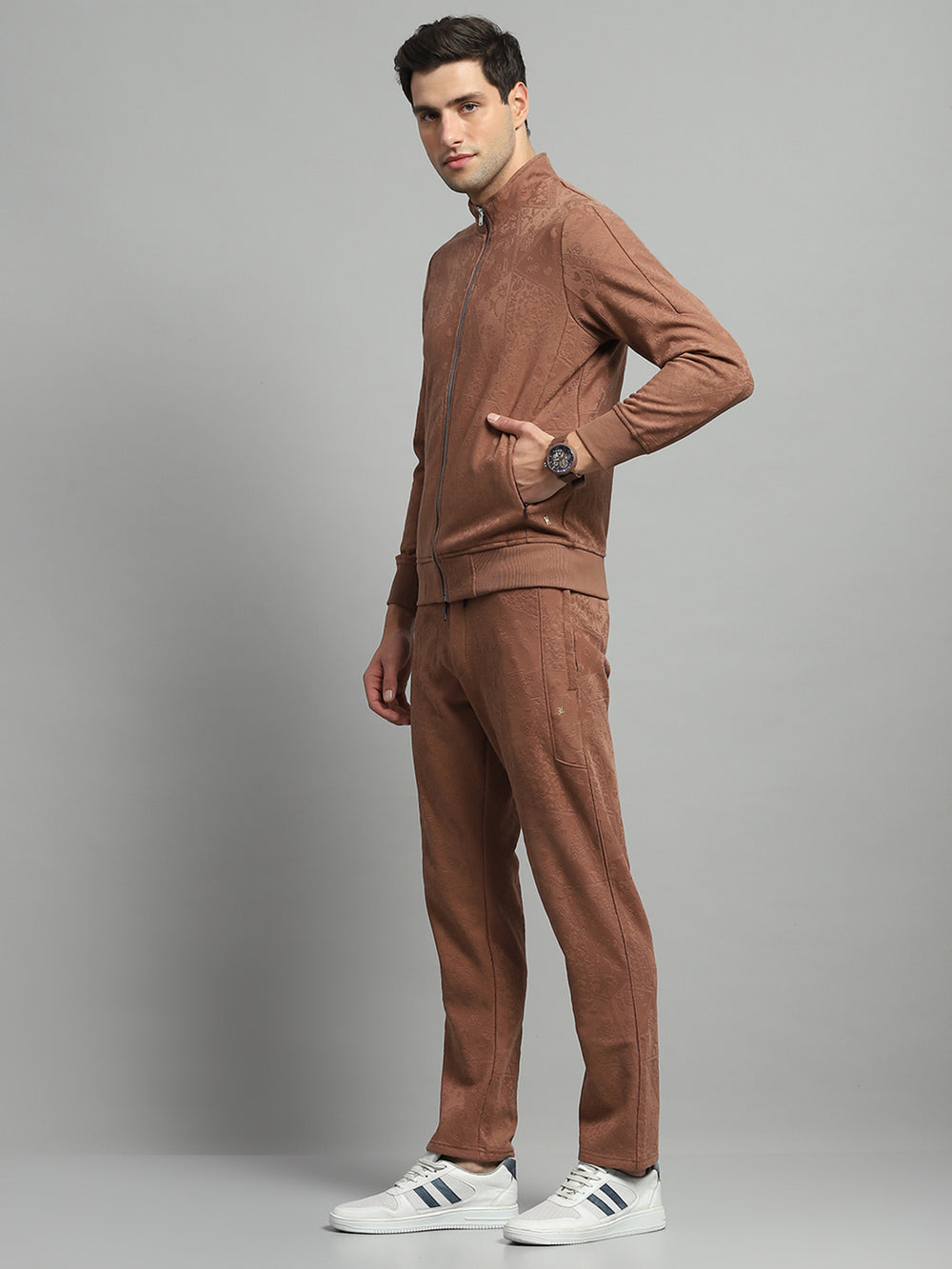 Buy Men Brown Self Design Mock Neck Full Sleeve Winter Tracksuit Online ...
