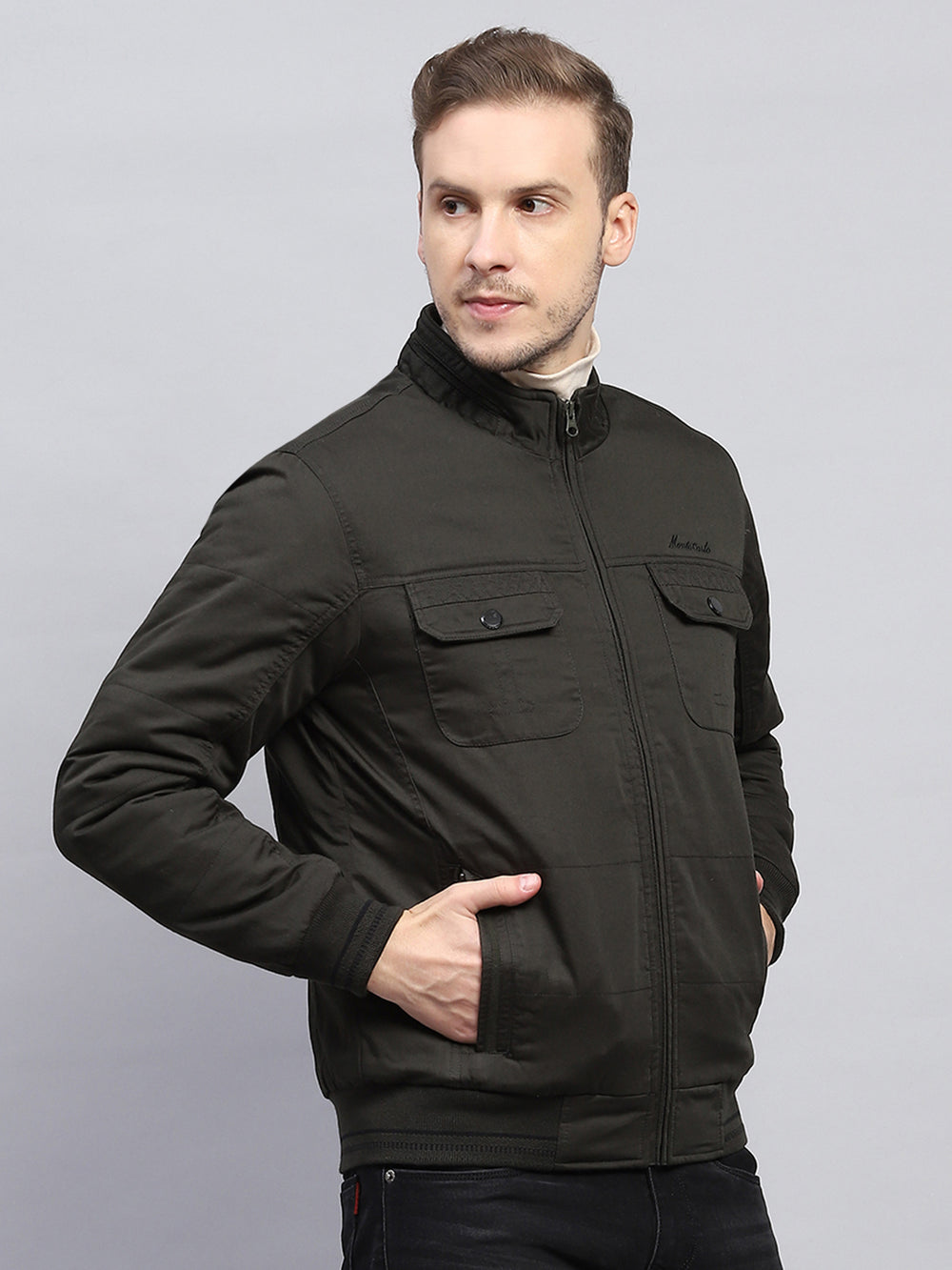 Buy Men Olive Solid Mock Neck Full Sleeve Jacket Online in India ...