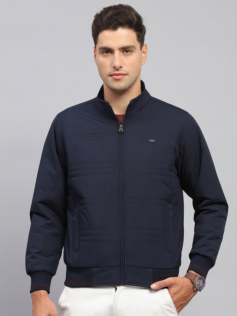 Buy Men Navy Blue Solid Mock Neck Full Sleeve Jacket Online in India ...