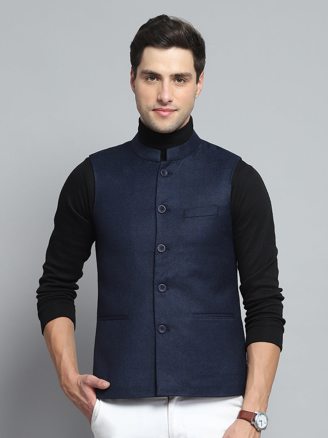 Buy Men Blue Solid Band Collar Sleeveless Nehru Jacket Online in India ...