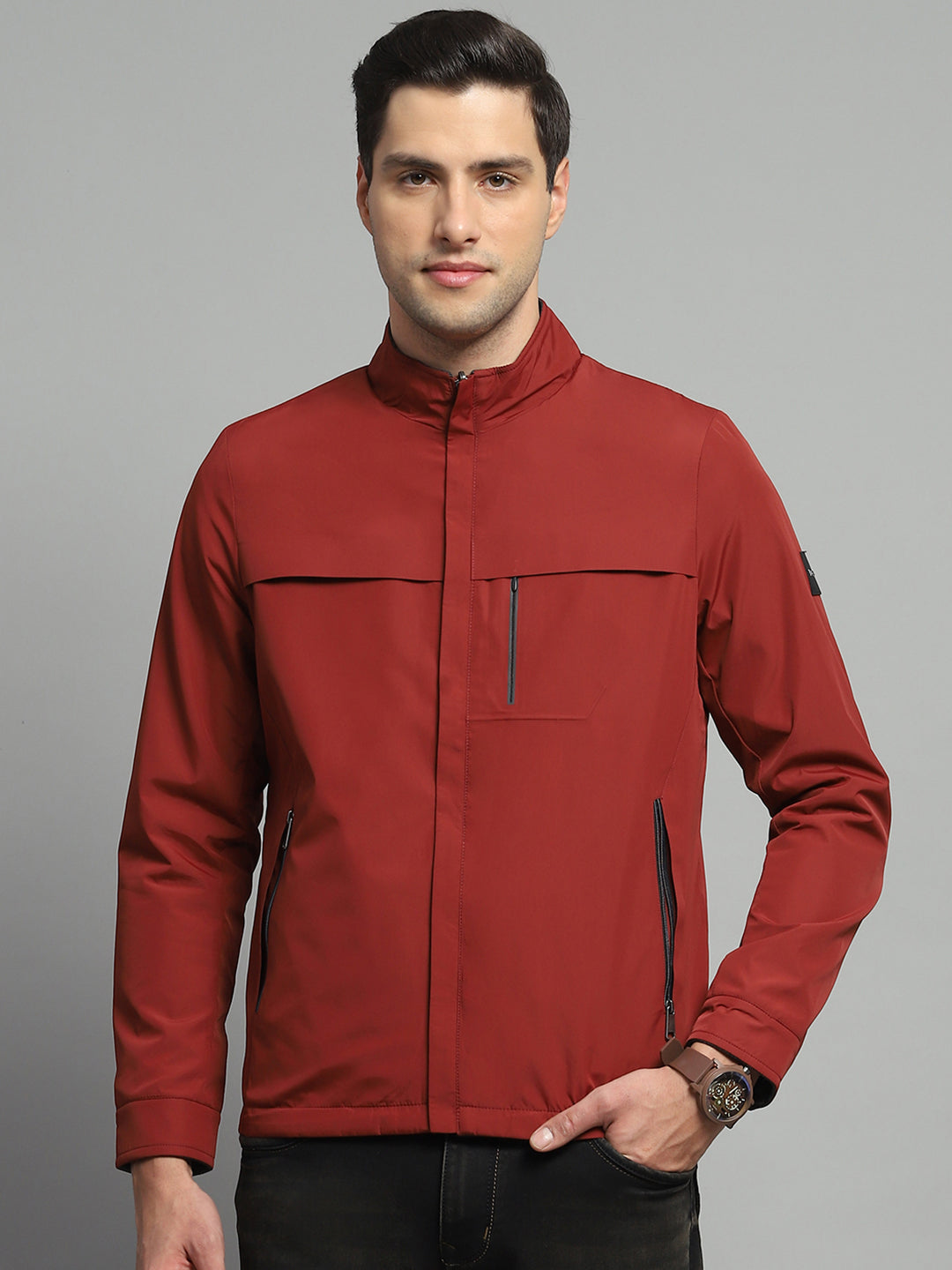 Buy Men Red Solid Mock Neck Full Sleeve Reversible Jacket Online in India - Luxuria