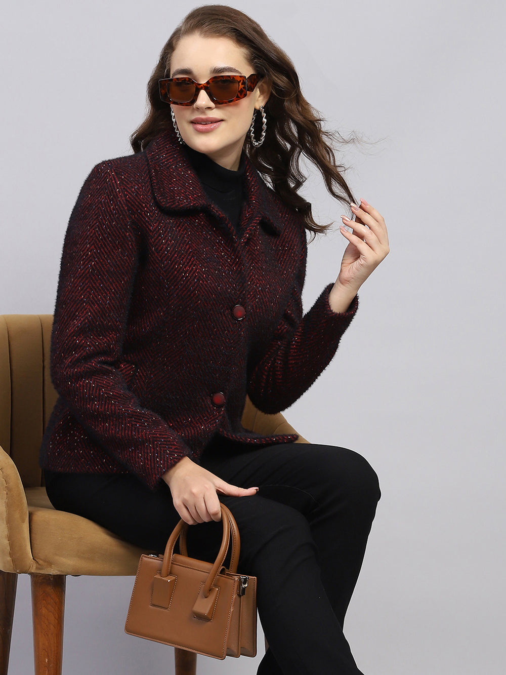Buy Women Maroon Self Design Collar Full Sleeve Coat Online in India ...