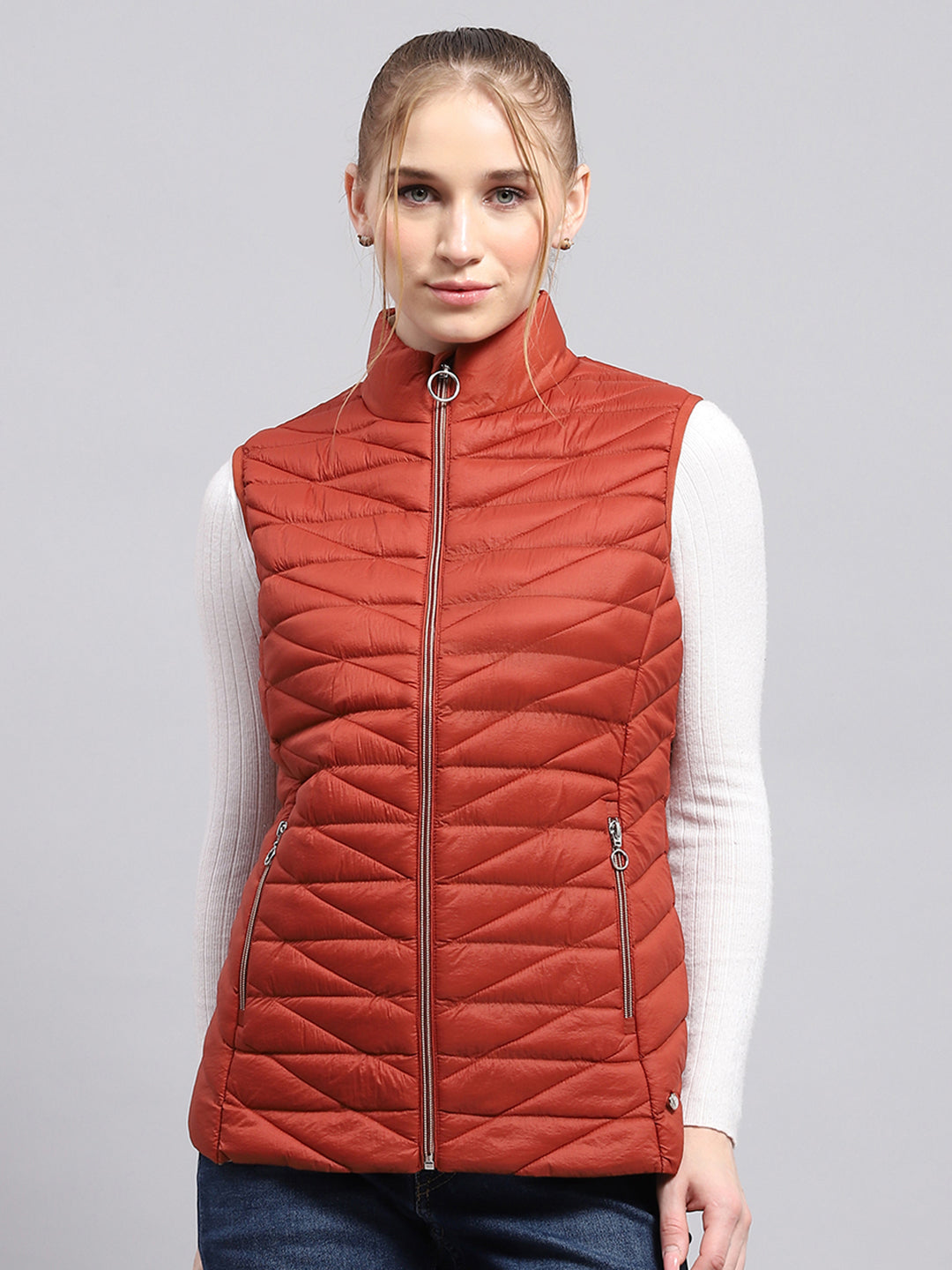 Buy Women Rust Solid Mock Neck Sleeveless Jacket Online in India ...