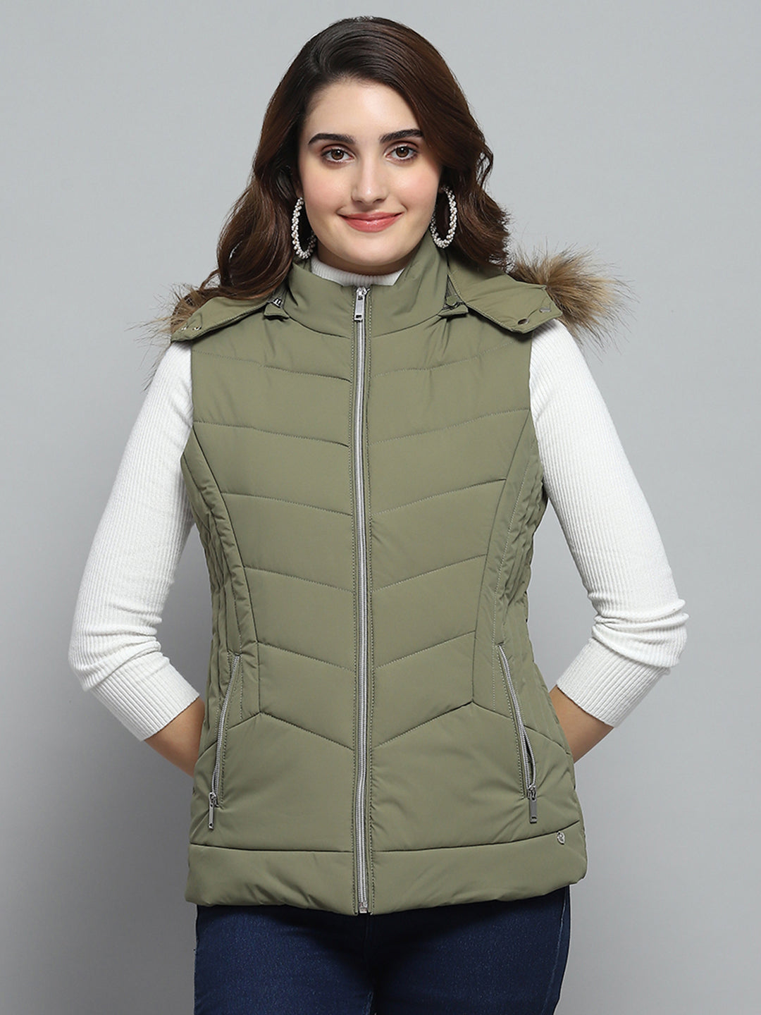 Buy Women Green Solid Detachable Hood Sleeveless Jacket Online in India ...