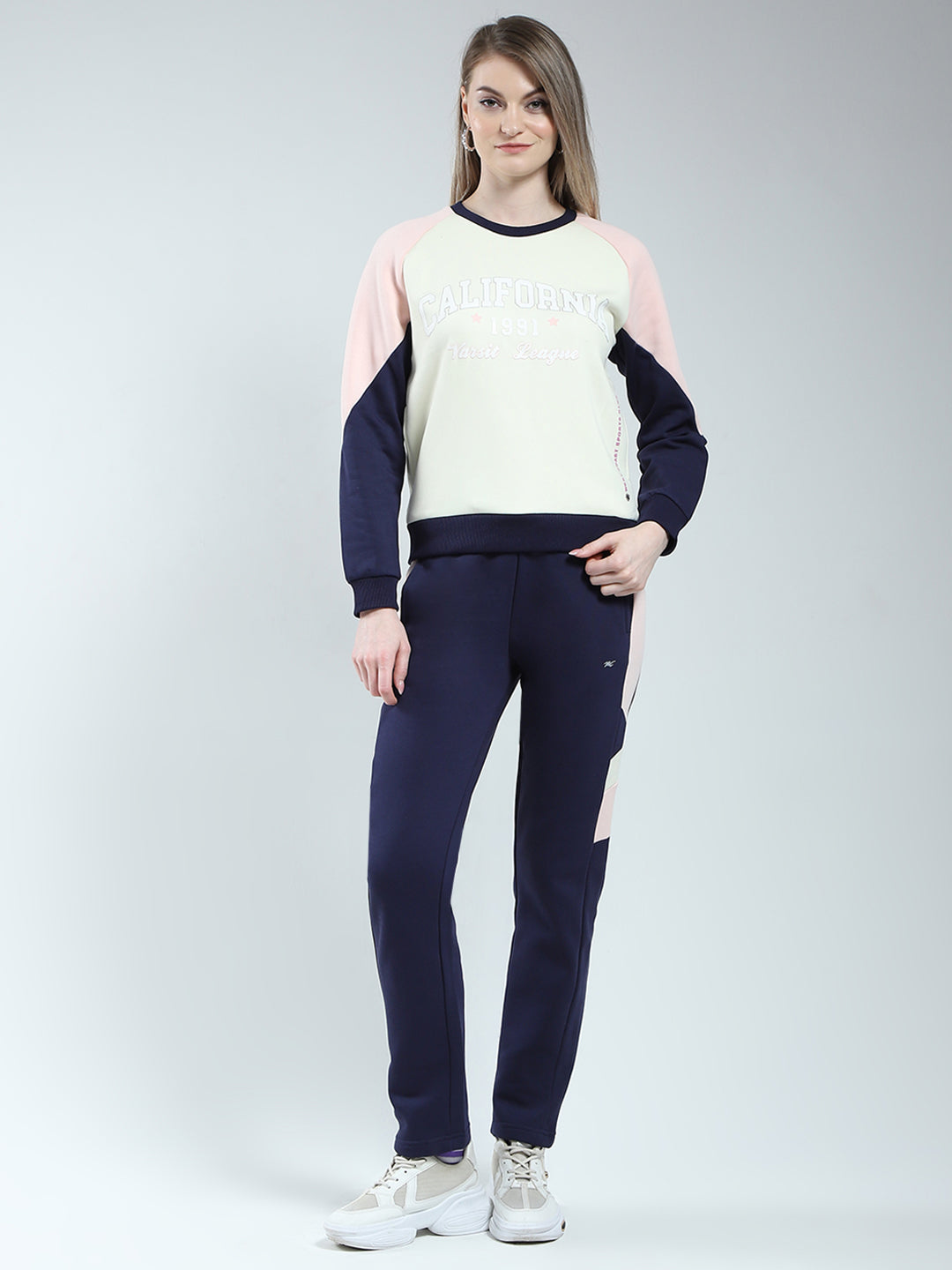Buy Women Blue & Beige Printed Round Neck Full Sleeve Winter Tracksuit ...