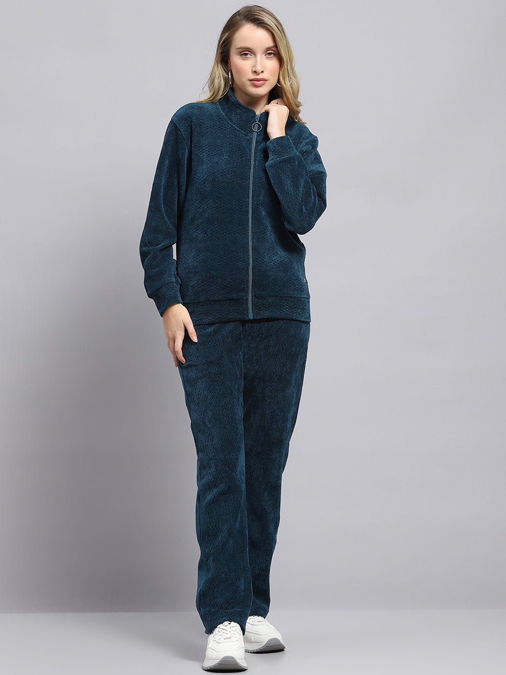 Buy Women Teal Blue Self Design Mock Neck Full Sleeve Tracksuit Online ...