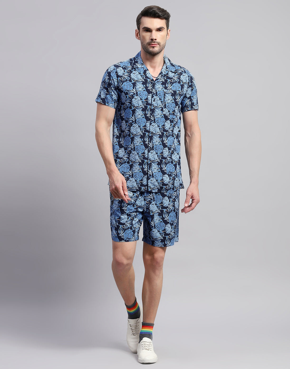 Buy Men Navy Blue Floral Print Collar Neck Half Sleeve Cords Set Online ...