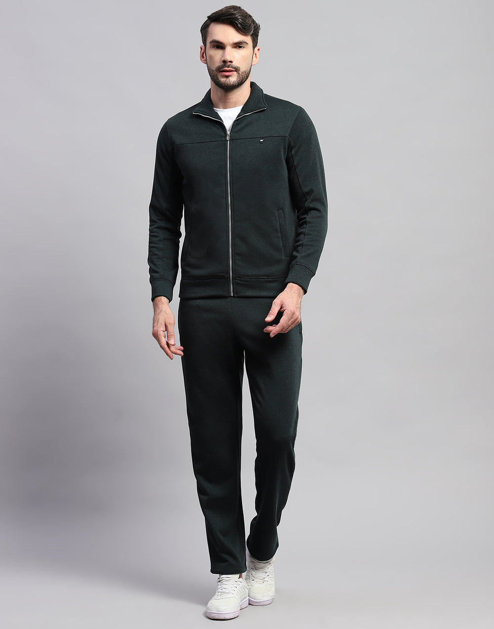 Buy Men Green Solid Band Collar Full Sleeve Winter Tracksuit Online in ...
