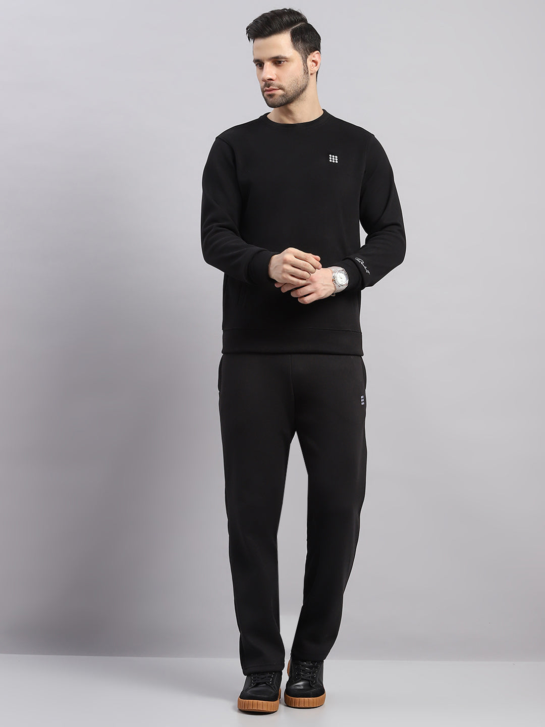 Buy Rock.it Men Black Solid Round Neck Full Sleeve Winter Tracksuit ...