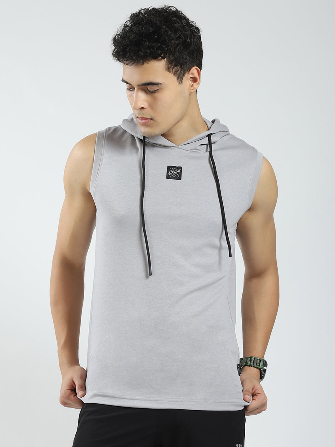 Buy Men Grey Solid Hooded Sleeveless T-Shirt Online in India - Rock.it