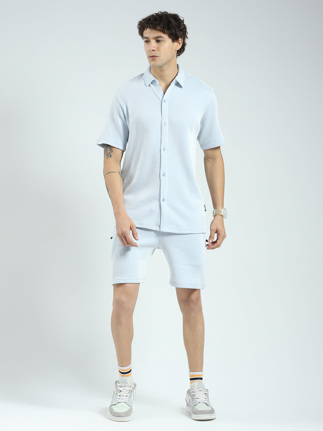 Buy Men Blue Stripe Collar Half Sleeve Cords Set Online in India - Rock.it