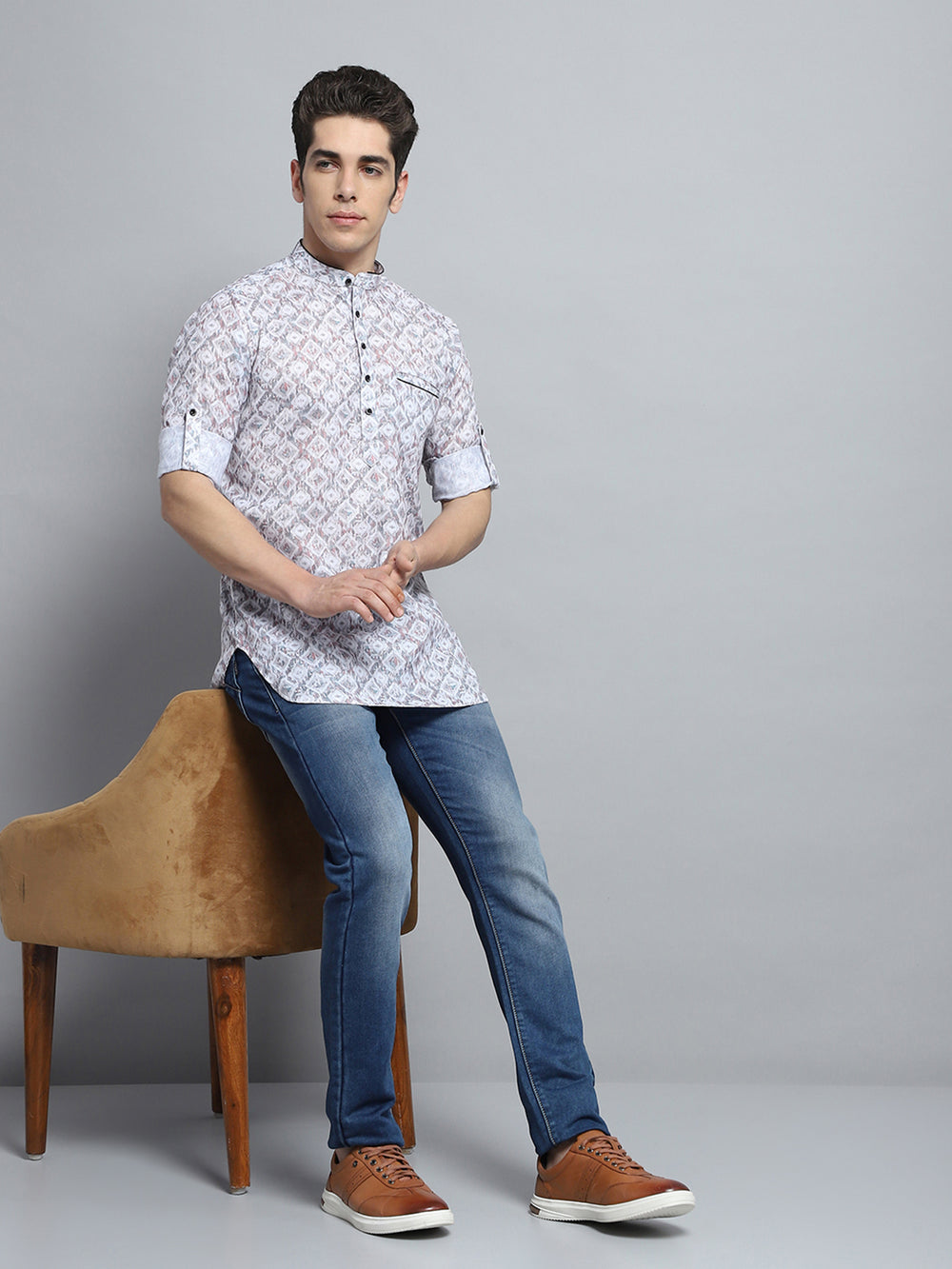 Buy Men Multicolor Printed Band Collar Full Sleeve Kurta Online in ...