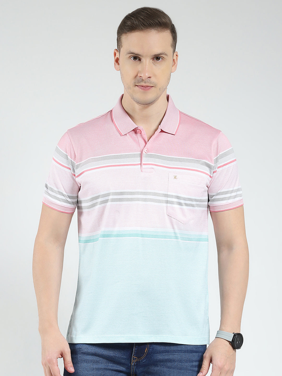 Buy Luxuria Men Pink Stripe Collar Half Sleeve T-Shirt Online in India ...