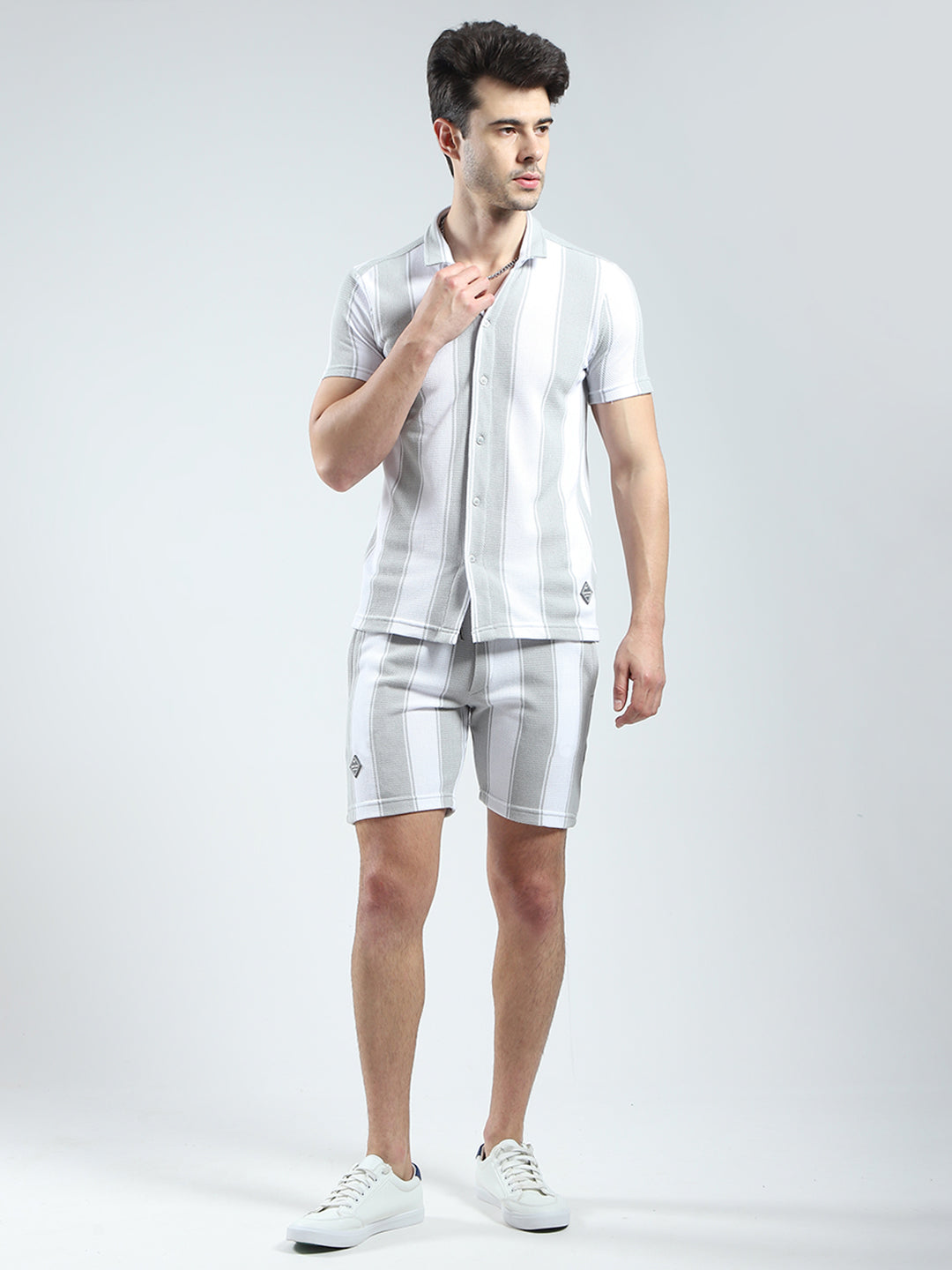 Buy Men Grey Self Design Collar Half Sleeve Bermuda Set Online in India ...