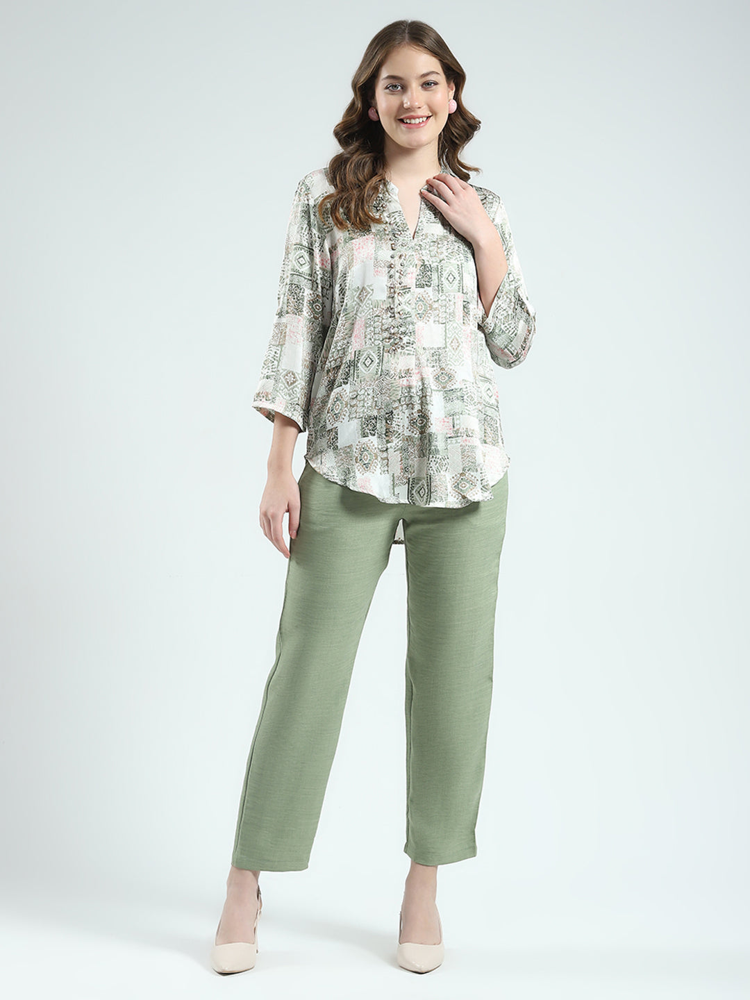 Buy Women Green Printed Round Neck 3/4th Sleeve Cords Set Online in ...