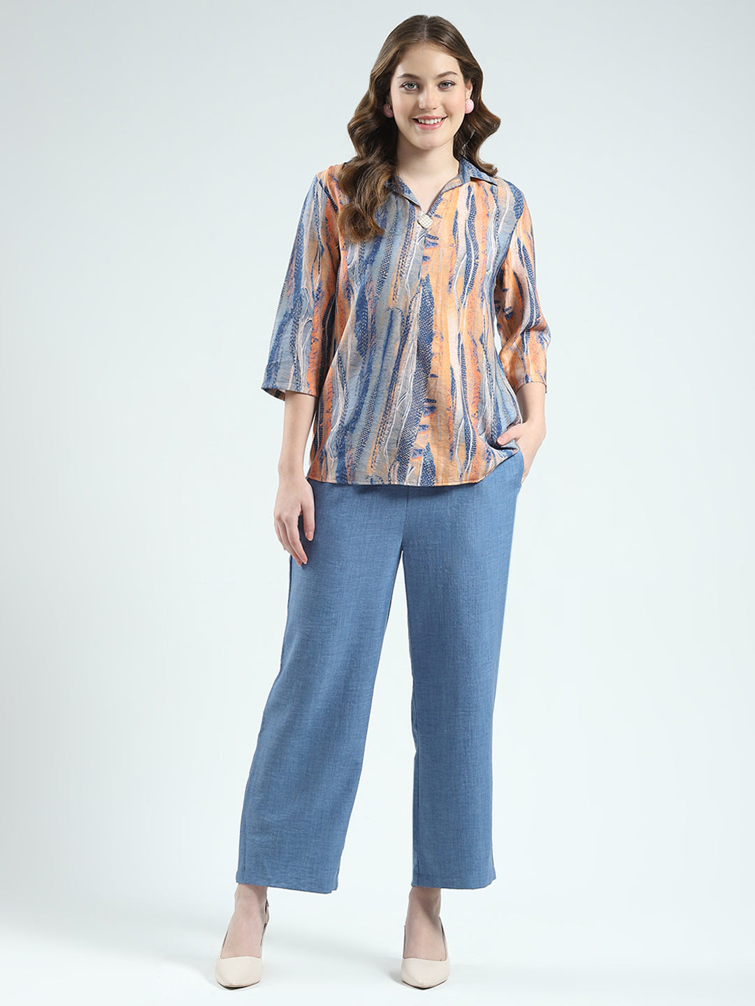 Buy Women Blue Printed Collar 3/4th Sleeve Cords Set Online in India ...