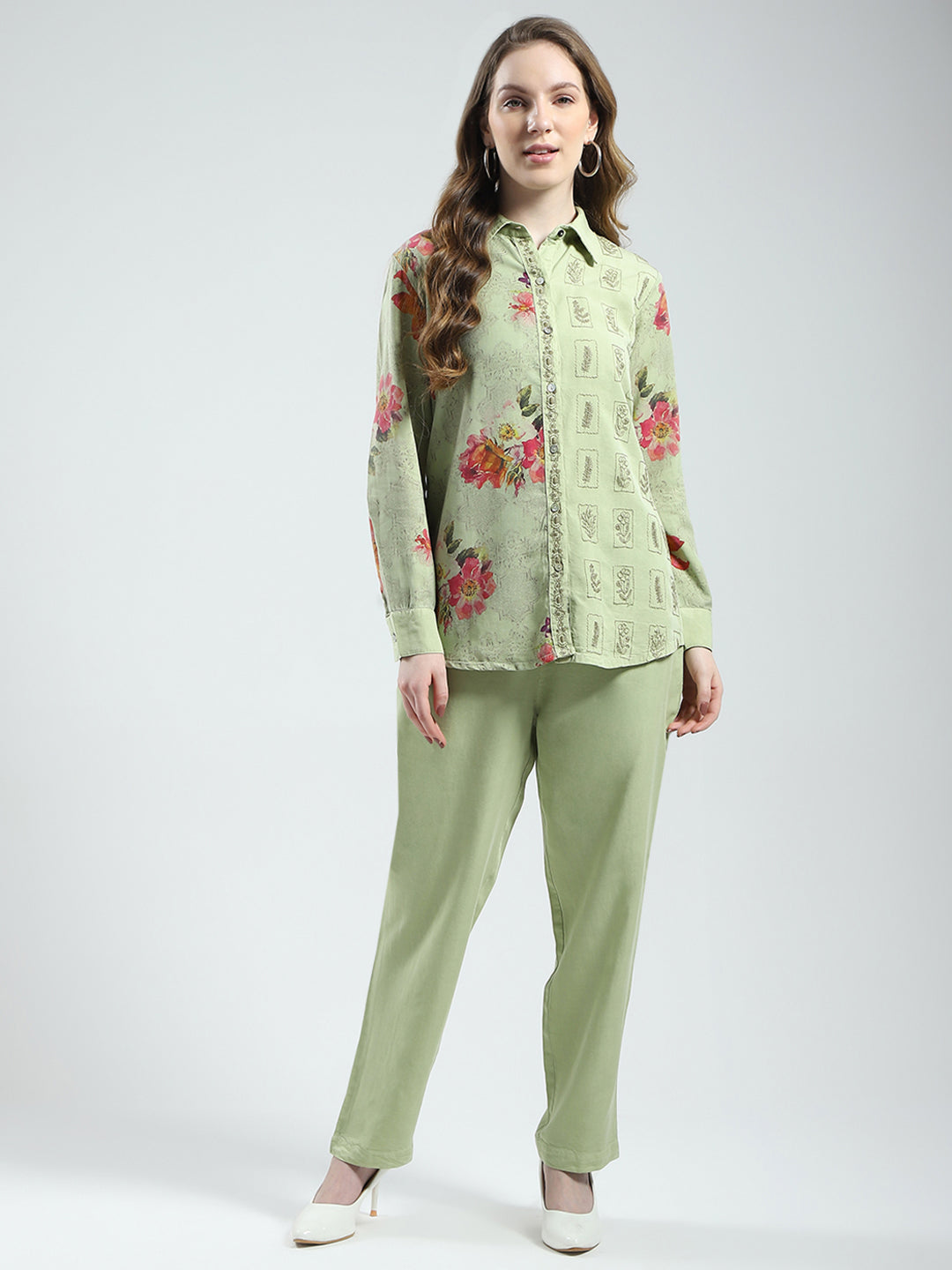 Buy Women Green Printed Collar Full Sleeve Cords Set Online in India ...