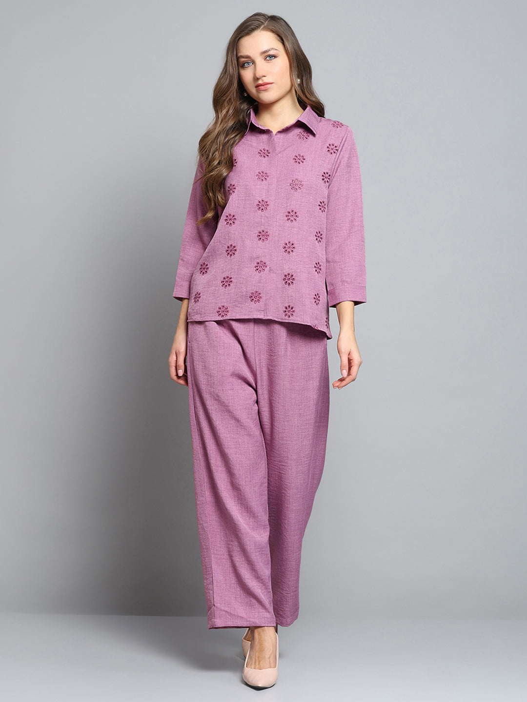 Buy Women Pink Self Design Collar 3/4th Sleeve Cords Set Online in ...