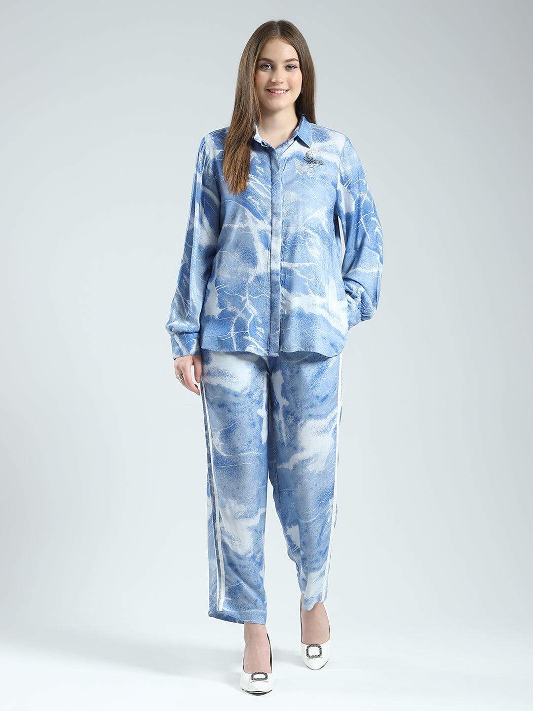 Buy Women Blue Printed Collar Full Sleeve Cords Set Online in India ...