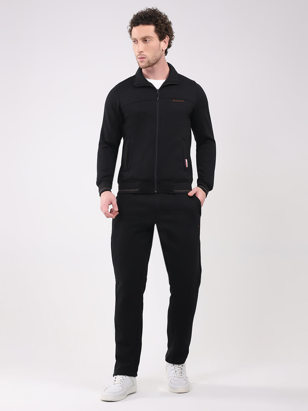 Buy Men Black Solid Collar Full Sleeve Winter Tracksuit Online in India ...