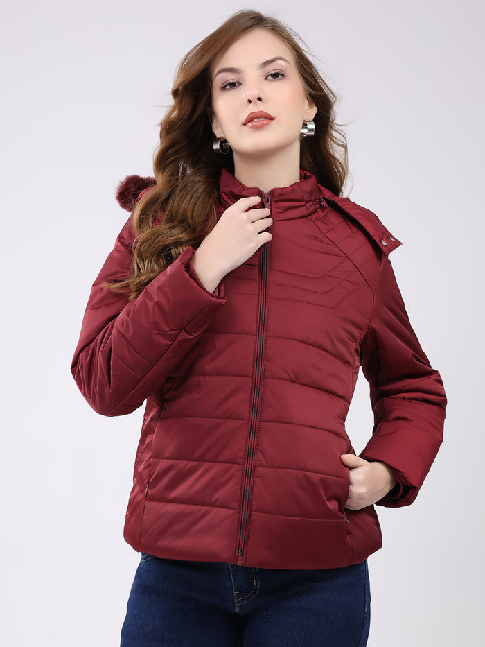 Buy Women Maroon Solid Hooded Full Sleeve Jacket Online in India ...