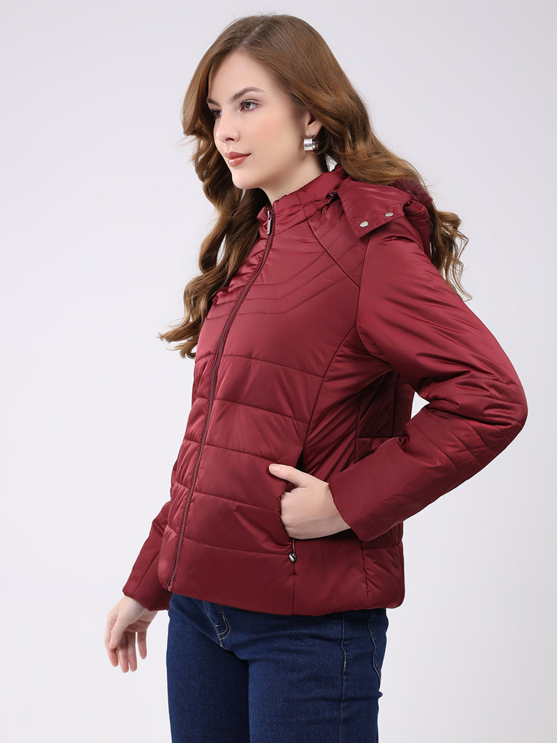Buy Women Maroon Solid Hooded Full Sleeve Jacket Online in India ...