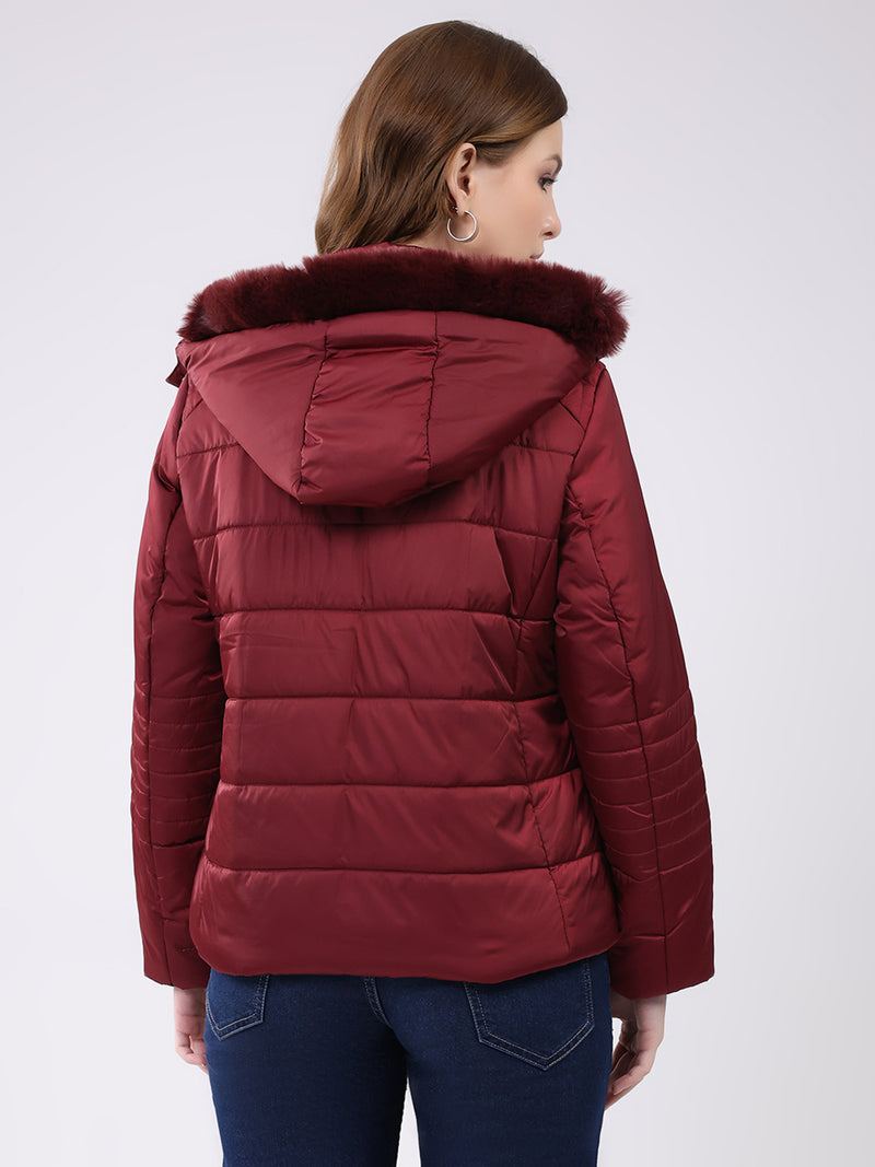 Buy Women Maroon Solid Hooded Full Sleeve Jacket Online in India ...