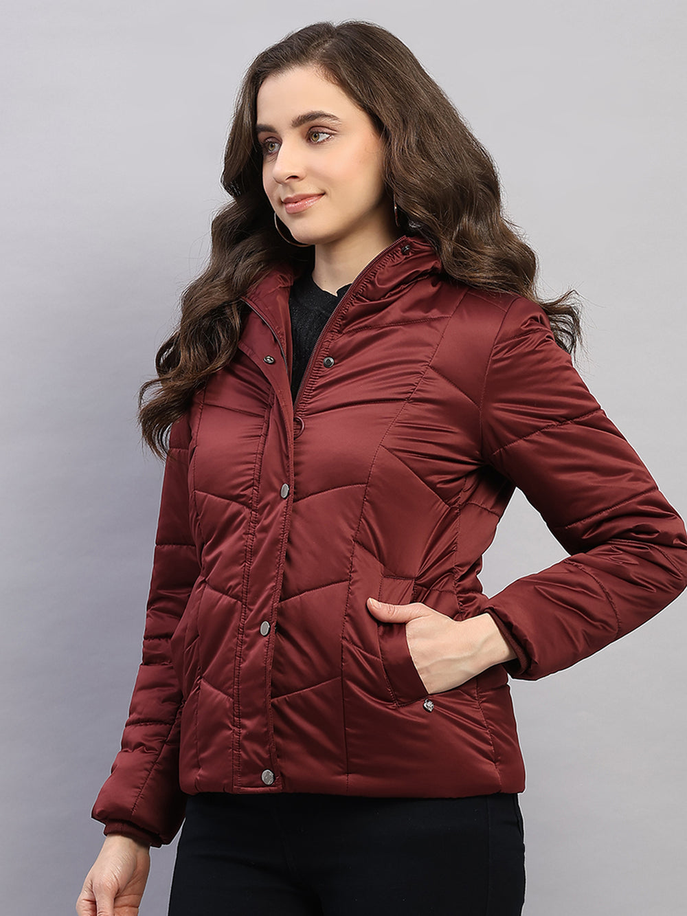 Buy Women Maroon Solid Hooded Full Sleeve Jacket Online in India ...