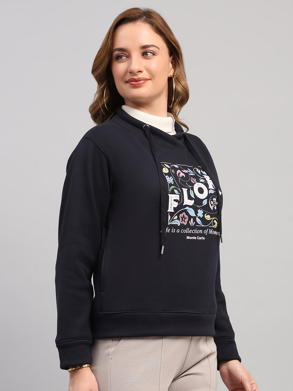 Buy Women Navy Blue Printed Turtle Neck Full Sleeve Sweatshirt Online ...