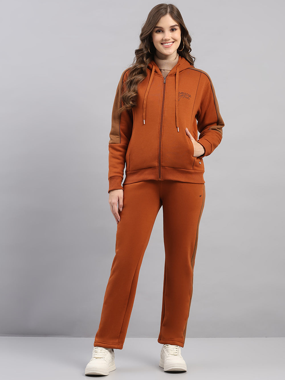 Buy Women Brown Printed Hooded Full Sleeve Winter Tracksuit Online in ...