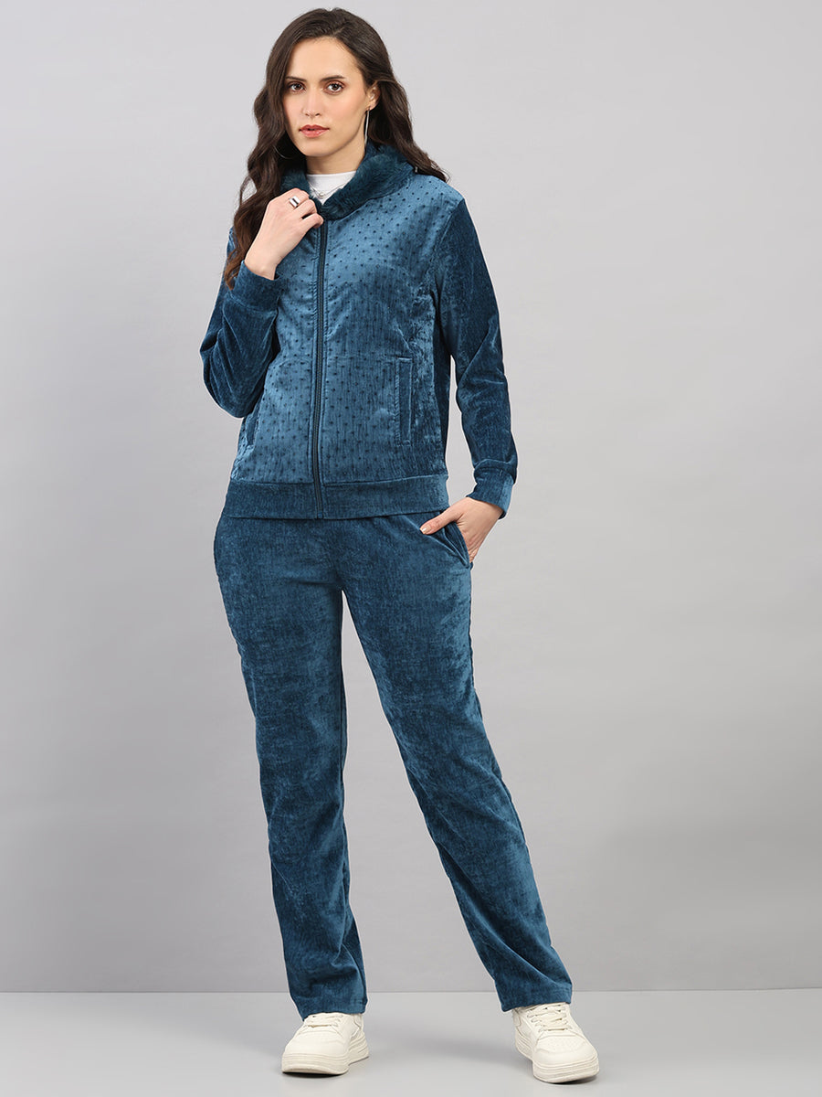 Buy Women Teal Blue Polka Dots Hooded Full Sleeve Winter Tracksuit ...