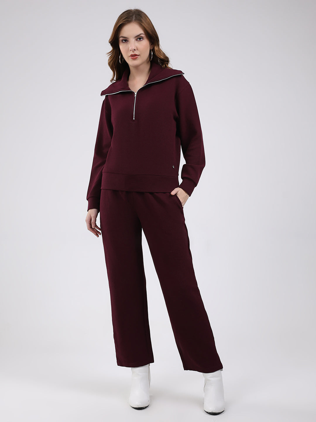 Buy Women Burgundy Solid Collar Full Sleeve Cords Set Online in India ...