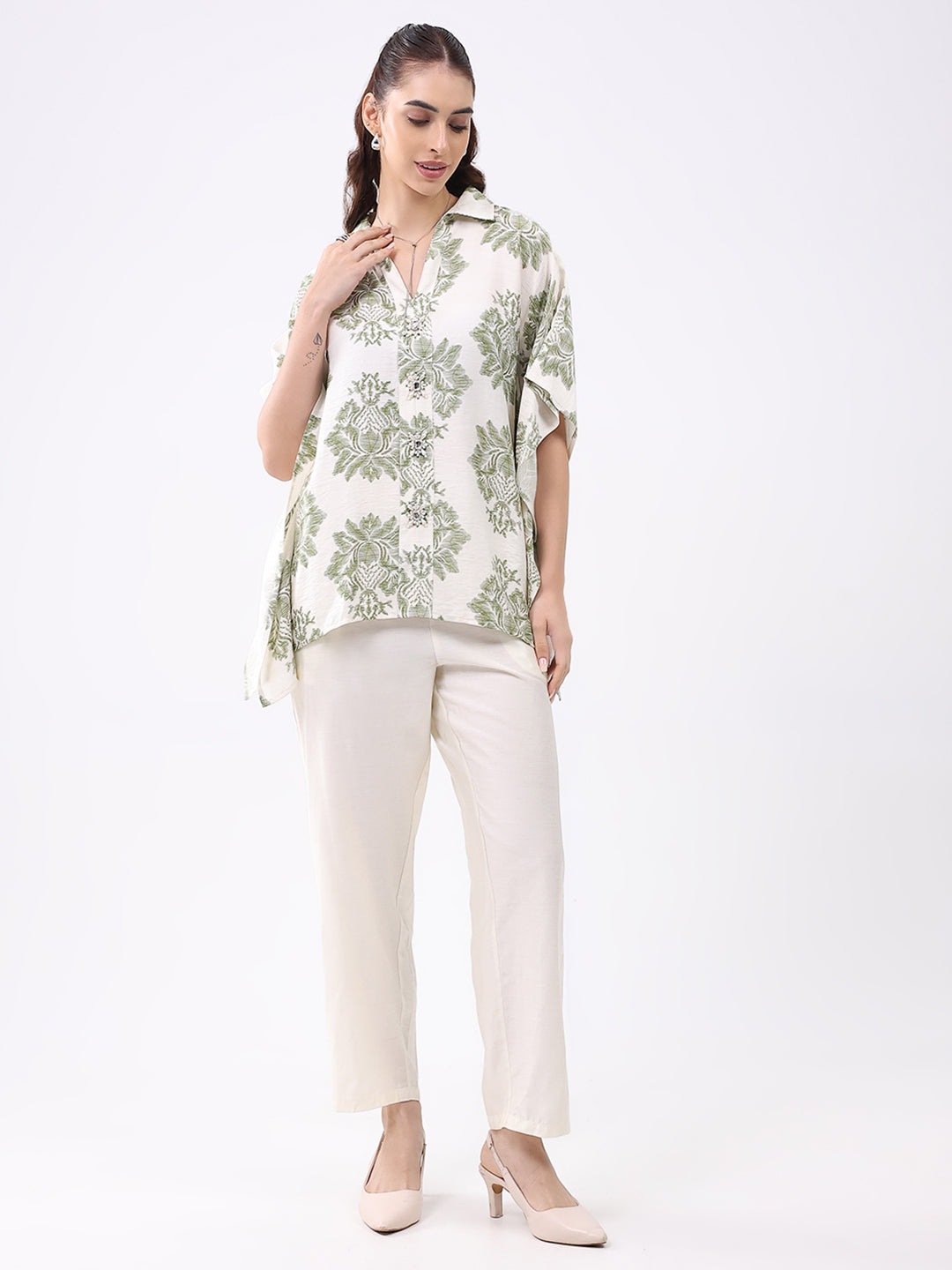 Buy Women Cream Printed Collar 3/4th Sleeve Cords Set Online in India ...
