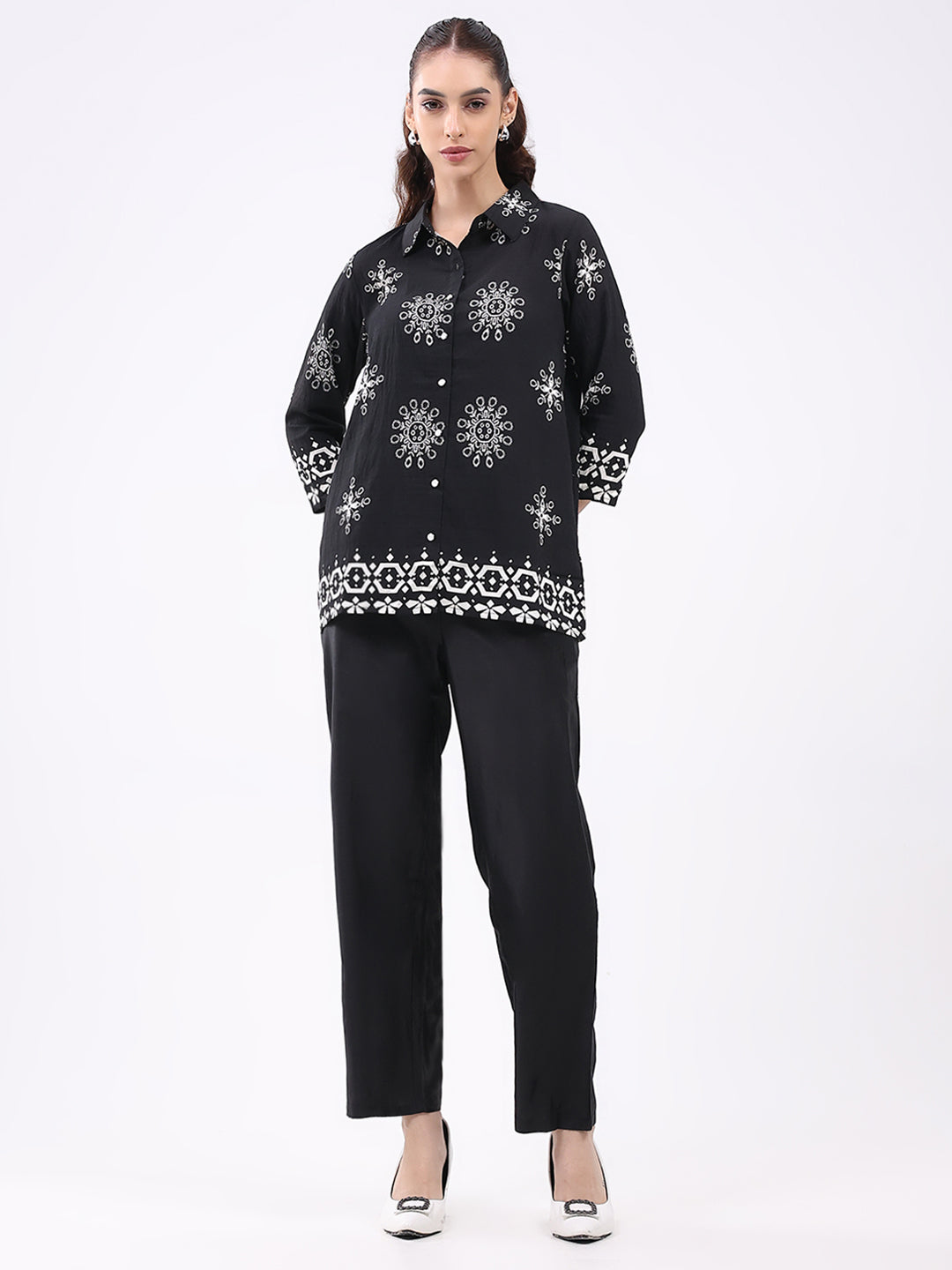 Buy Women Black Printed Collar 3/4th Sleeve Cords Set Online in India ...