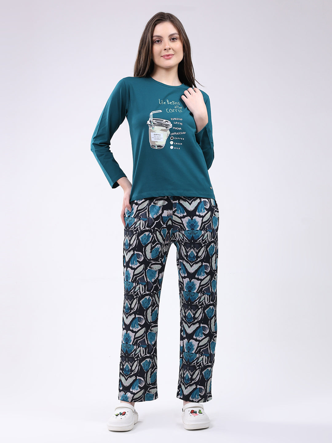 Buy Women Green Printed Round Neck Full Sleeve Lower Set Online in ...