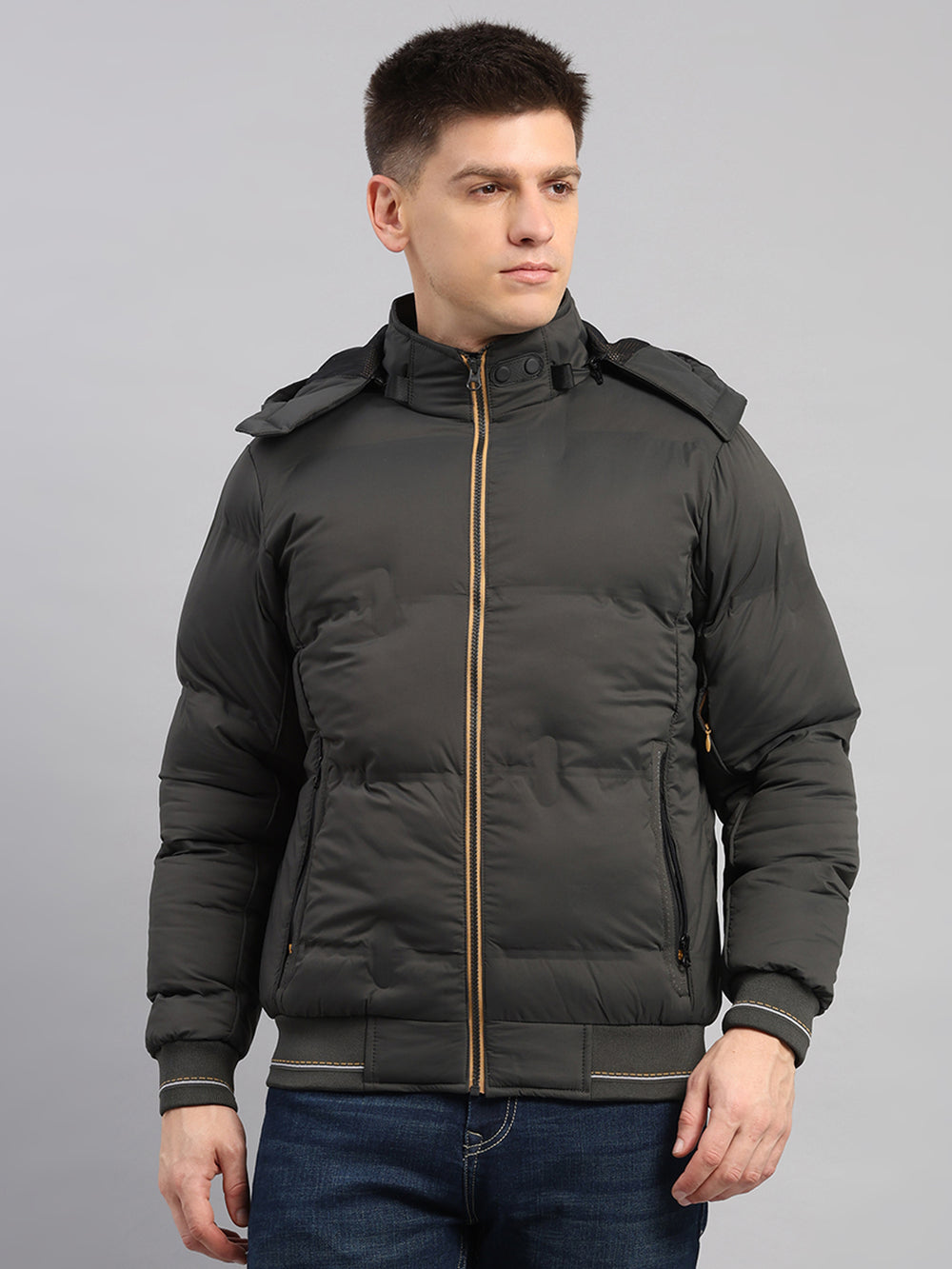 Buy Men Olive Smart Hooded Jacket with Integrated Magnetic Earphones ...