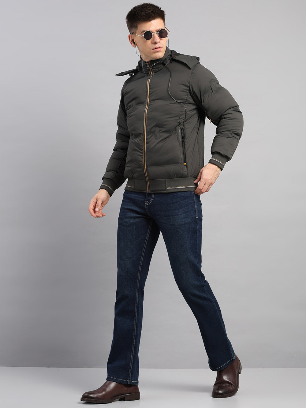 Buy Men Olive Smart Hooded Jacket with Integrated Magnetic Earphones ...