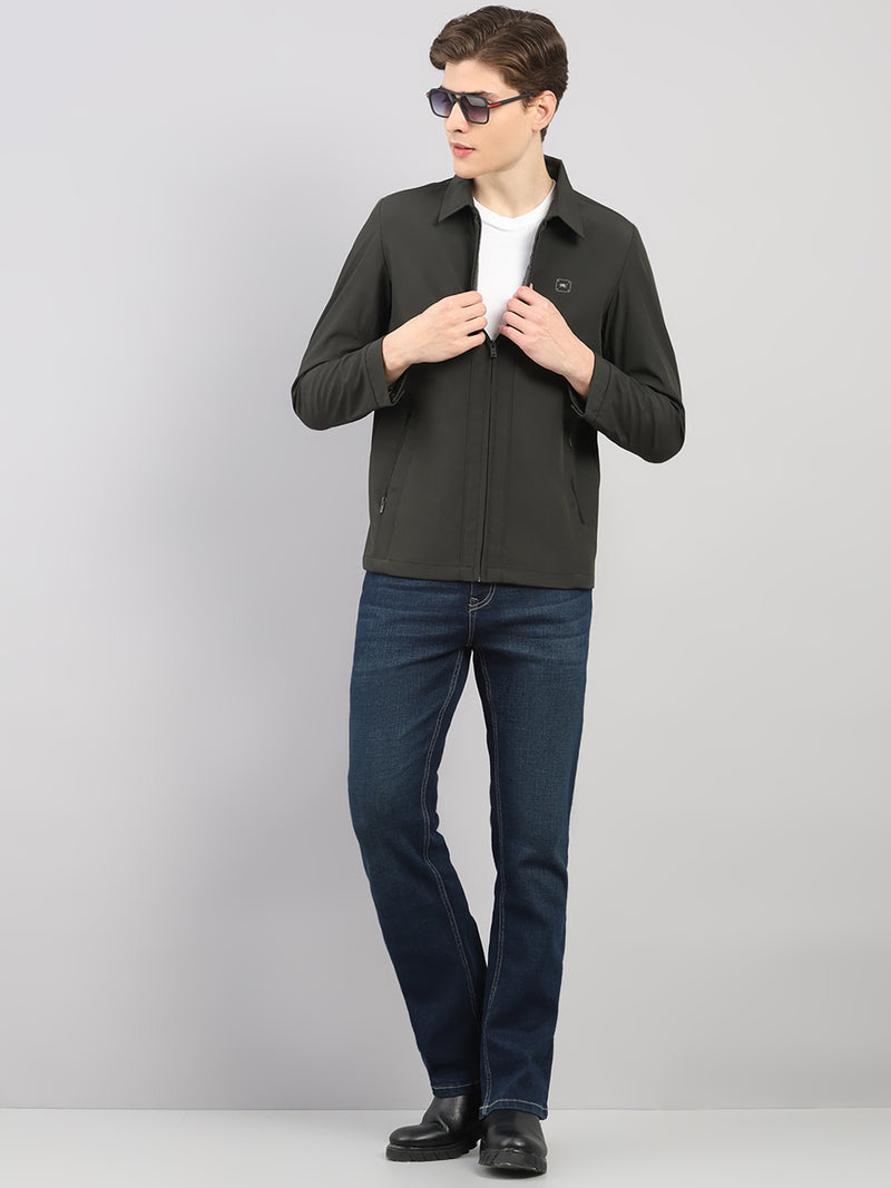 Buy Men Dark Green Solid Stand Collar Full Sleeve Jacket Online in ...