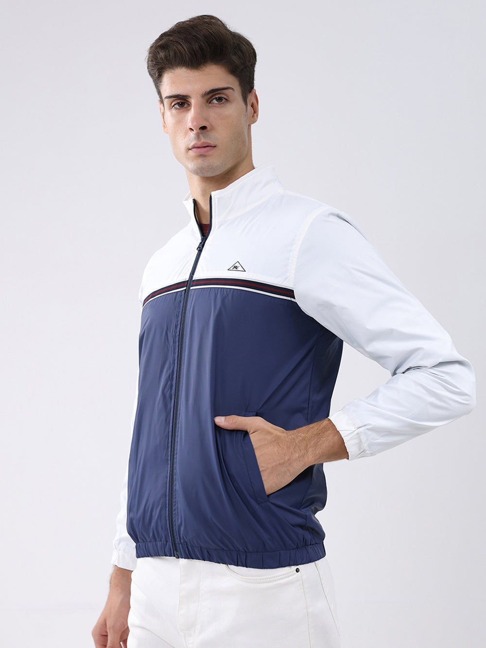 Buy Men Navy Blue Self Design Stand Collar Full Sleeve Jacket Online in ...